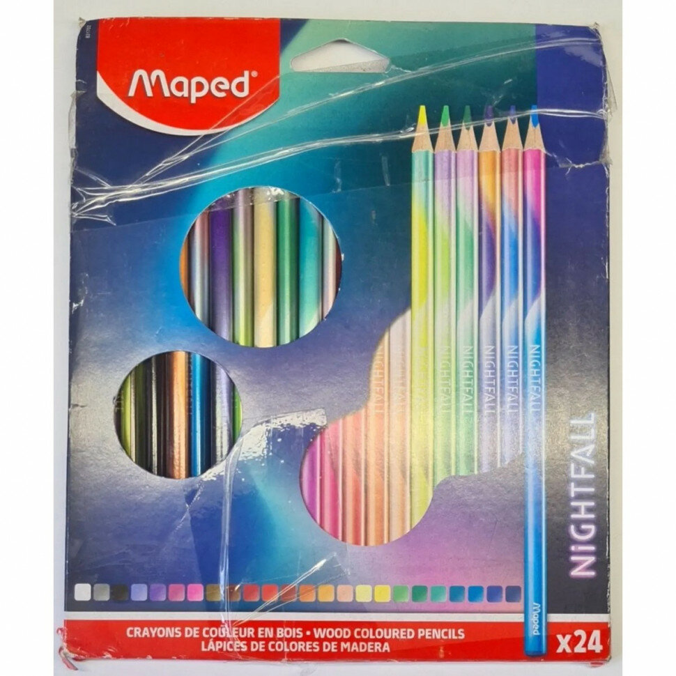 Набор цветных карандашей MAPED NIGHTFALL с декором, трехгранные, деревянные, 24 цвета (MAPED 831702, 0А-I0007973) Поврежденная упаковка.