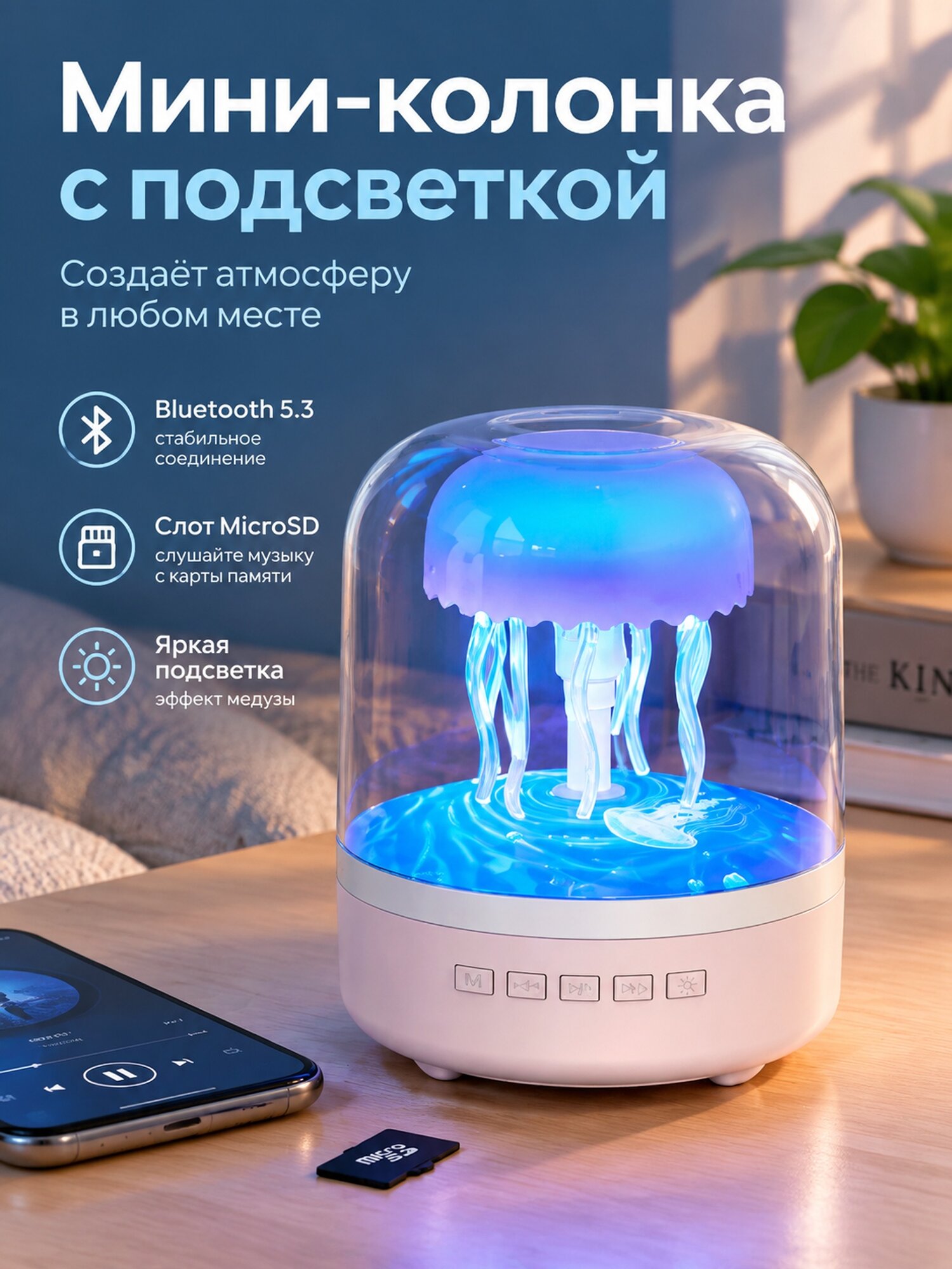 Беспроводная мини-колонка с подсветкой в форме медузы, Bluetooth 5.3 и слотом MicroSD
