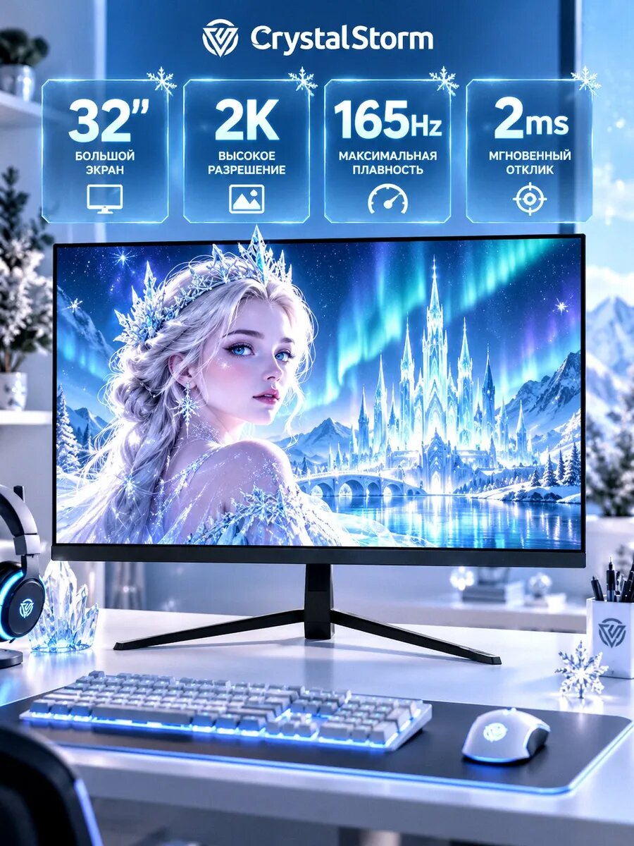 Монитор CrystalStorm, диагональ 32", 2560 x 1440 пикселей, 165Гц, матовый, чёрный