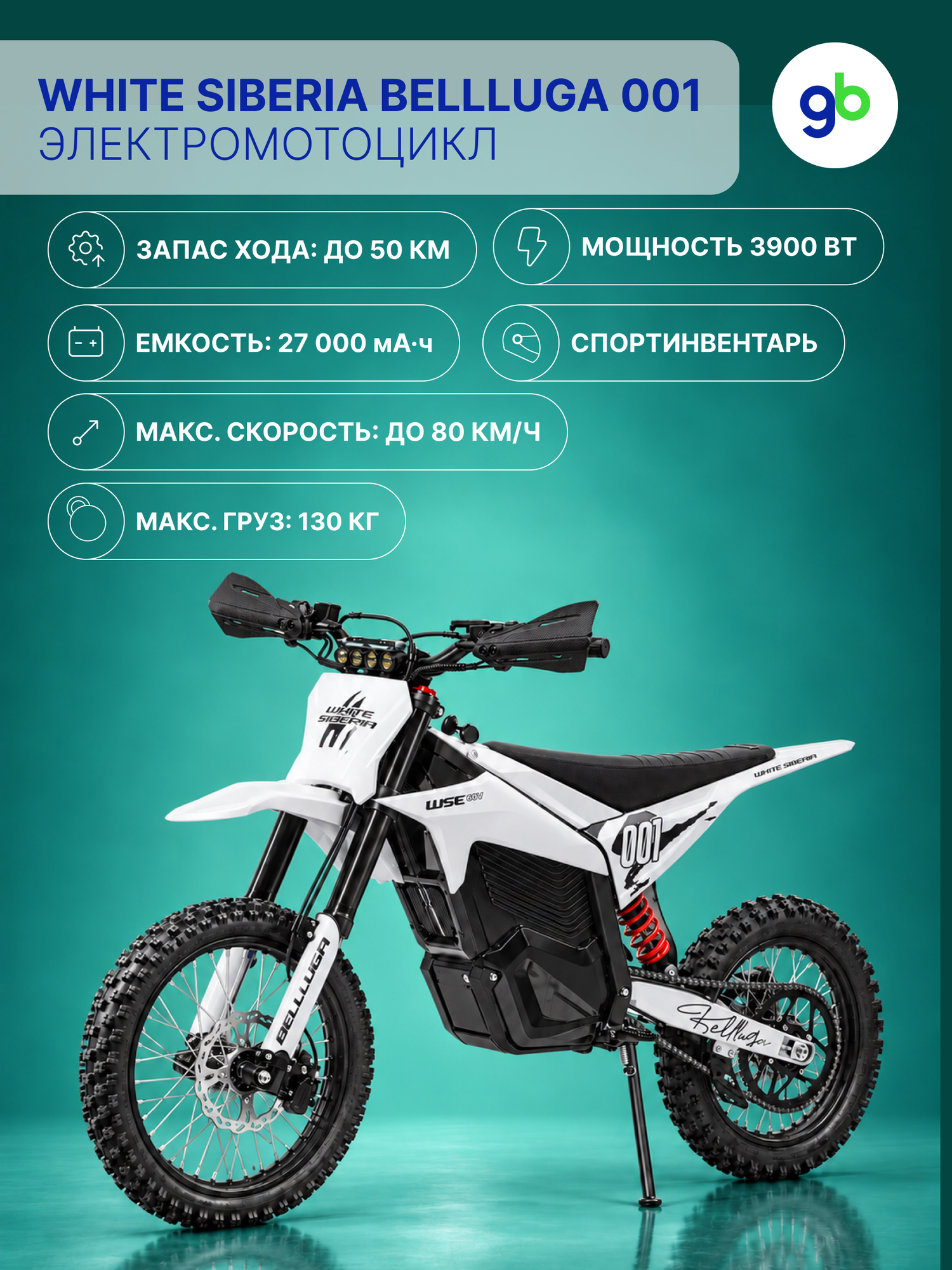 Электромотоцикл Эндуро WHITE SIBERIA BELLUGA 001 3900W (60V/27Ah) - Белый
