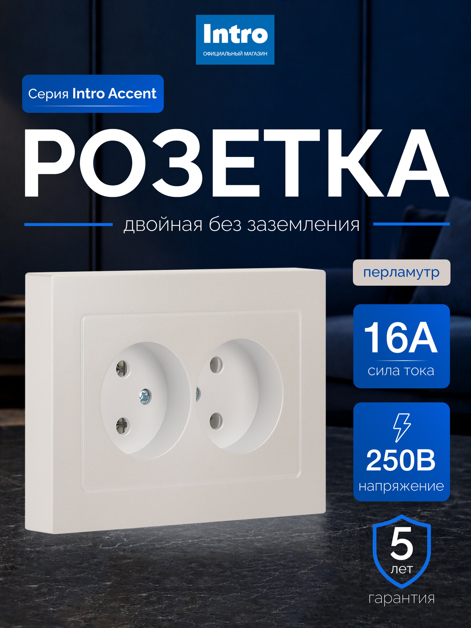 Розетка Intro Accent 6-204-06 без заземления двойная 2X2P, 16А 250В, IP20, скрытой установки, перламутр