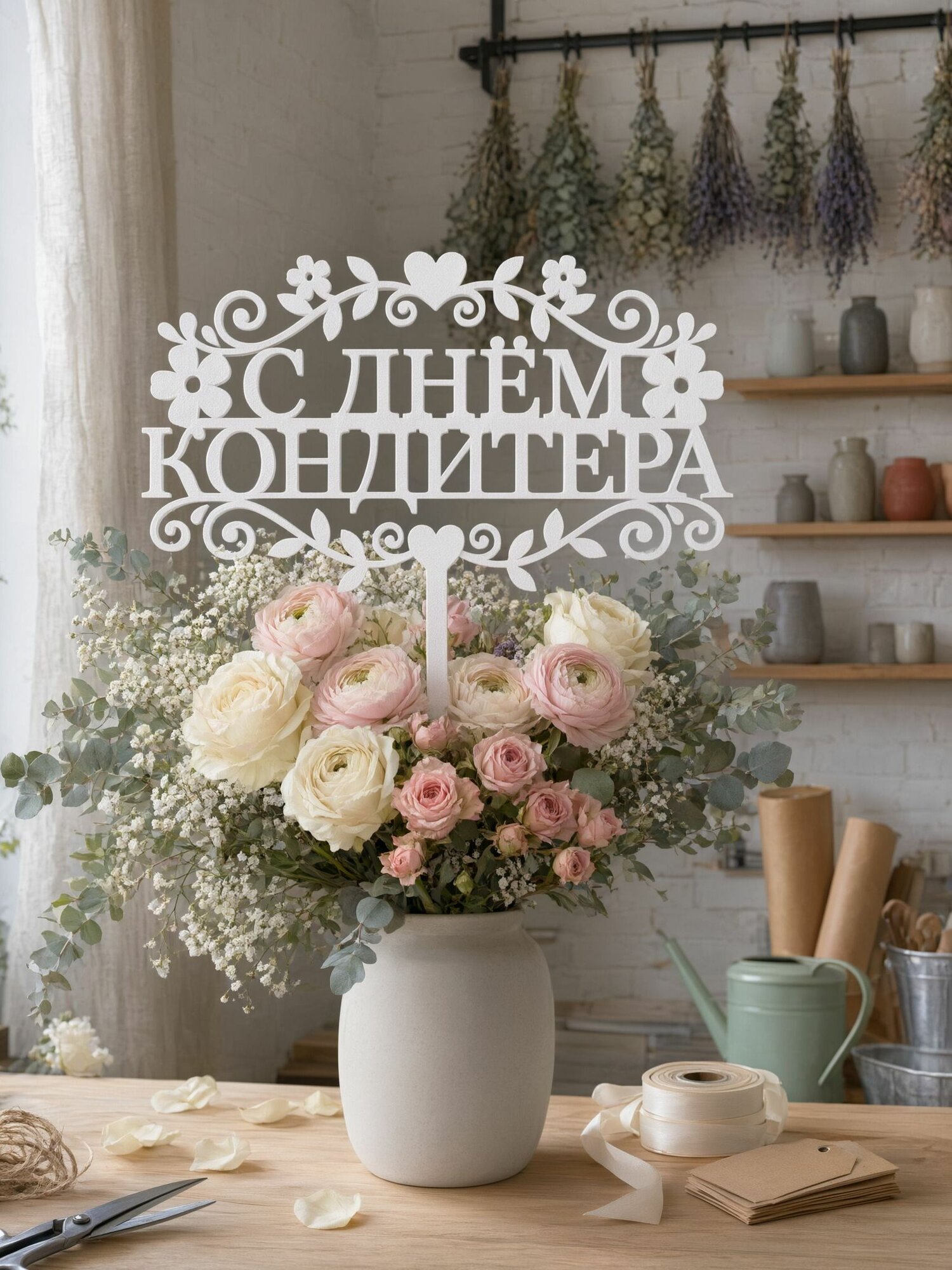 Топпер С Днём Кондитера, подарок на праздник, топпер в цветы и букеты