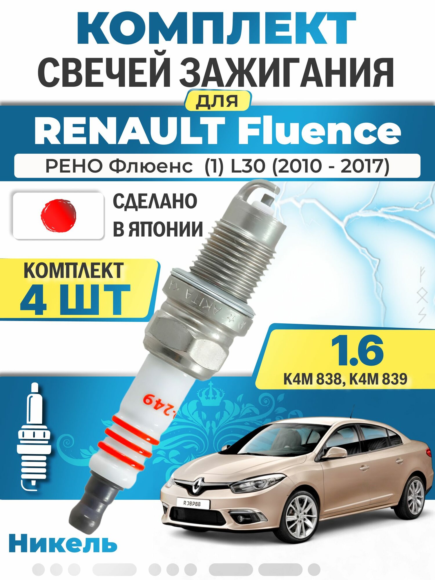 Свечи зажигания для Renault Fluence (1) L30 1.6, комплект 4 шт / 2010 2011 2012 2013 2014 2015 2016 2017 / Двигатель K4M 838, K4M 839 1,6 л