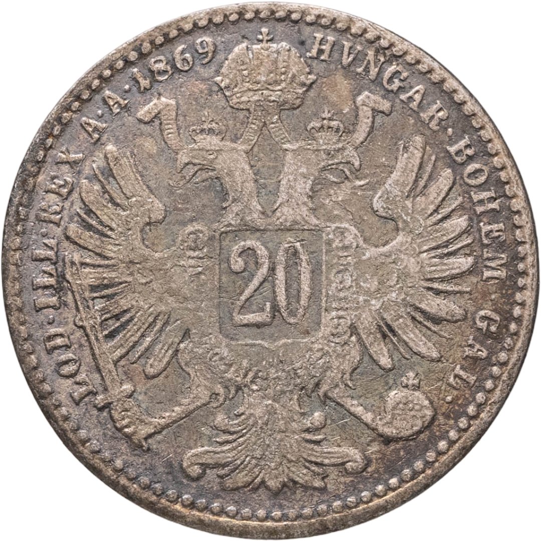 Австро-Венгрия 20 крейцеров kreuzer 1869 для Австрии, Серебро 500, в сохранности VF