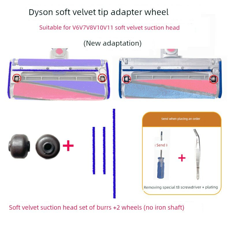 2 шт. новых колес мягкого валика с набором ворса для Dyson V6 V7 без осей, включает отвертку T8 и пинцет