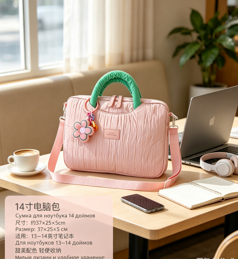 Сумка для ноутбука 13‑14 дюймов 37×25×5 см, стеганая, с подвеской‑цветком, ручная и через плечо, противоударная