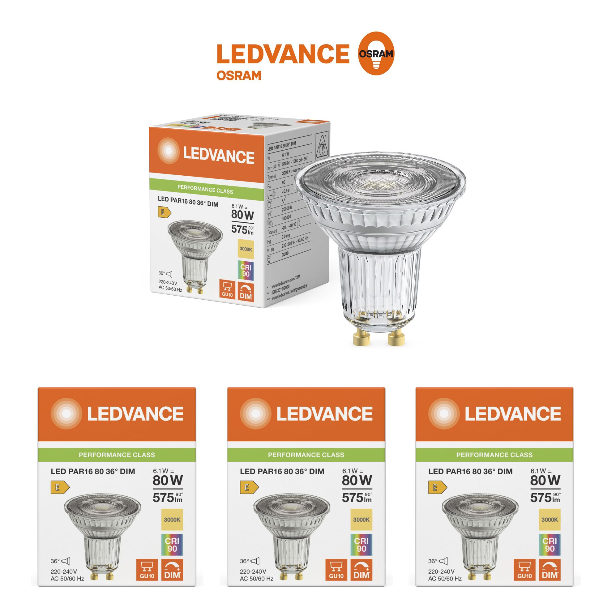 3шт/уп. Лампа LED Софит 6.1W GU10 PAR16 DIM Ra90 220V 575Лм 3000К Угол 36 град. D-50mm L-52mm Диммируемая Свет Теплый белый OSRAM-LEDVANCE, уп. 3шт