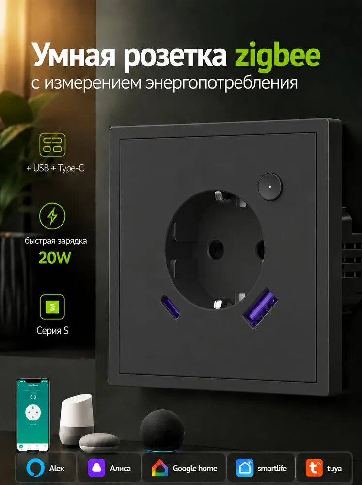 Розетка с USB и Type-C 20W быстрой зарядкой, с функцией учета энергии, Zigbee, управление с Алисой черный 86mm