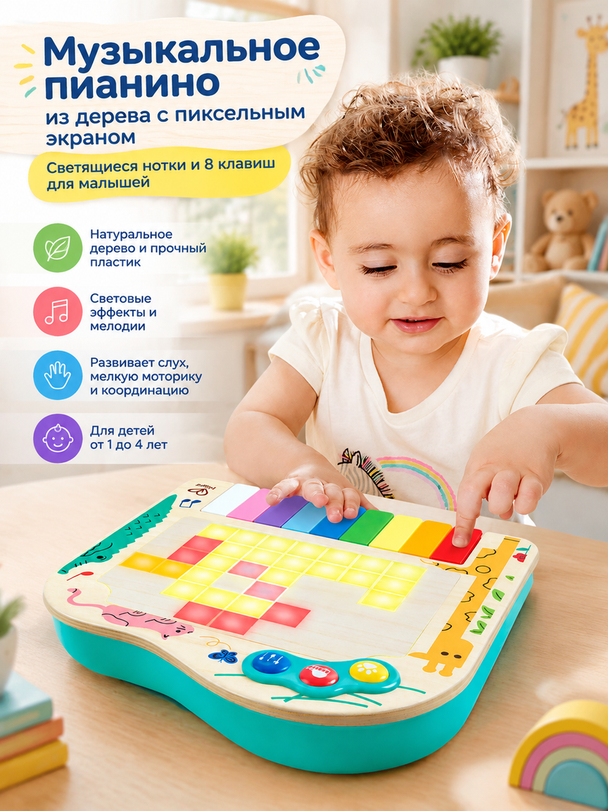 Музыкальное пианино из дерева с пиксельным экраном: светящиеся нотки и 8 клавиш для малышей
