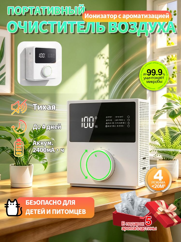 Ионизатор воздуха, портативный очиститель воздуха с ароматизацией, 4 режима, аккумулятор 2400 мАч, до 4 дней работы, настольный и настенный, без фильтров, для дома, спальни и рабочего стола
