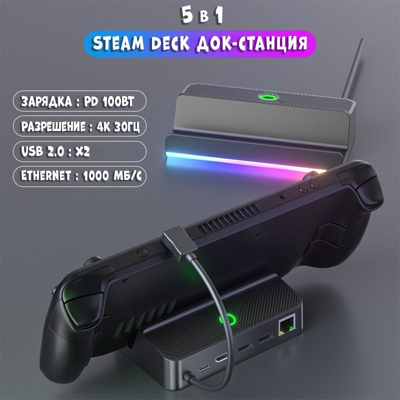 Док-станция подставка с RGB подсветкой для Steam Deck/OLED зарядка 5 в 1, 4K30ГЦ+LAN+switch screen