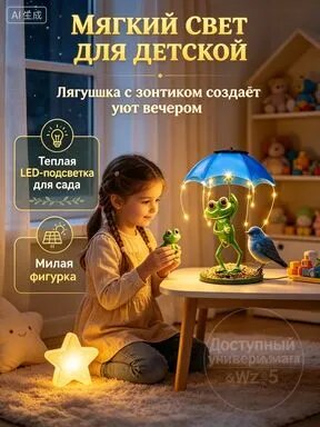 Кормушка для птиц садовая с лягушкой и зонтиком, на стойке - уличная кормушка для сада и дачи с солнечной LED-подсветкой, для клумбы, газона и участка