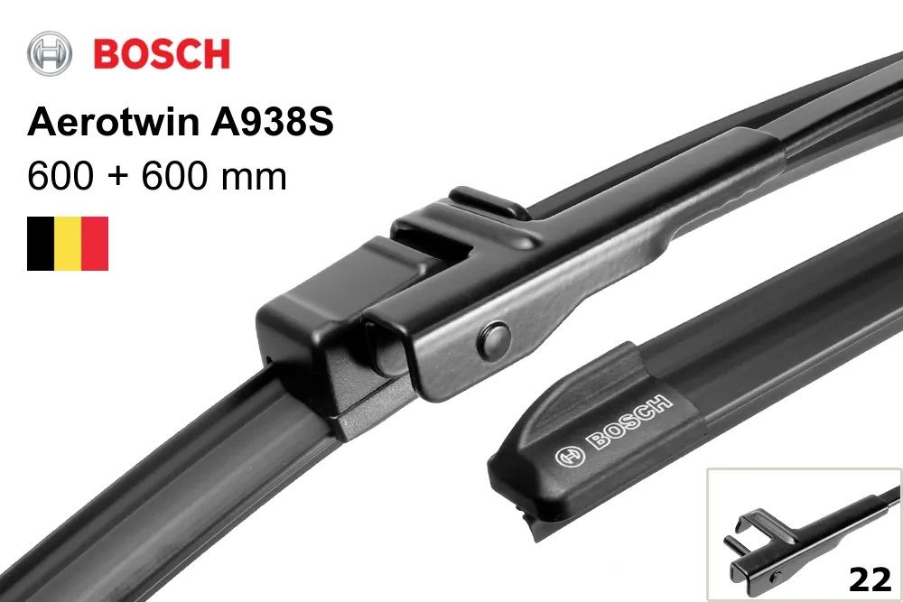 Щетки стеклоочистителя Bosch Aerotwin A938S (3397118938), бескаркасные, 600мм + 600мм, 2 шт, Side Pin 22mm, для Mercedes-Benz C/E/CLS, VW T5