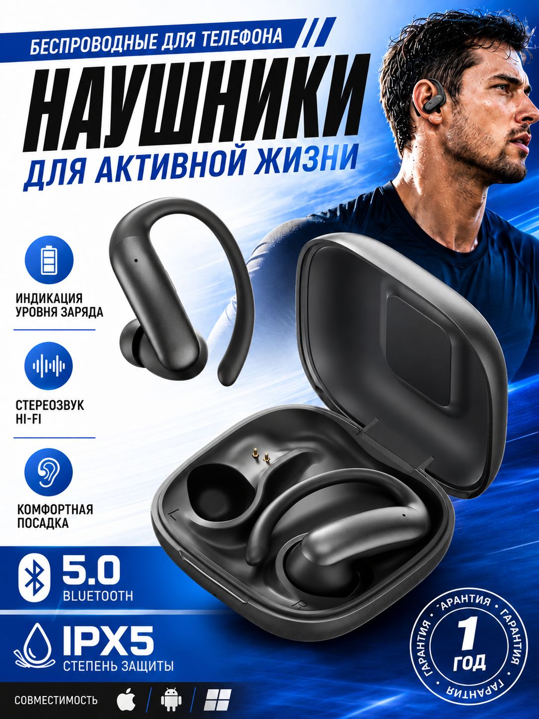 Наушники беспроводные для телефона, Bluetooth 6.0 TWS IPX5 с креплением, Hi-Fi звук, цифровой индикатор