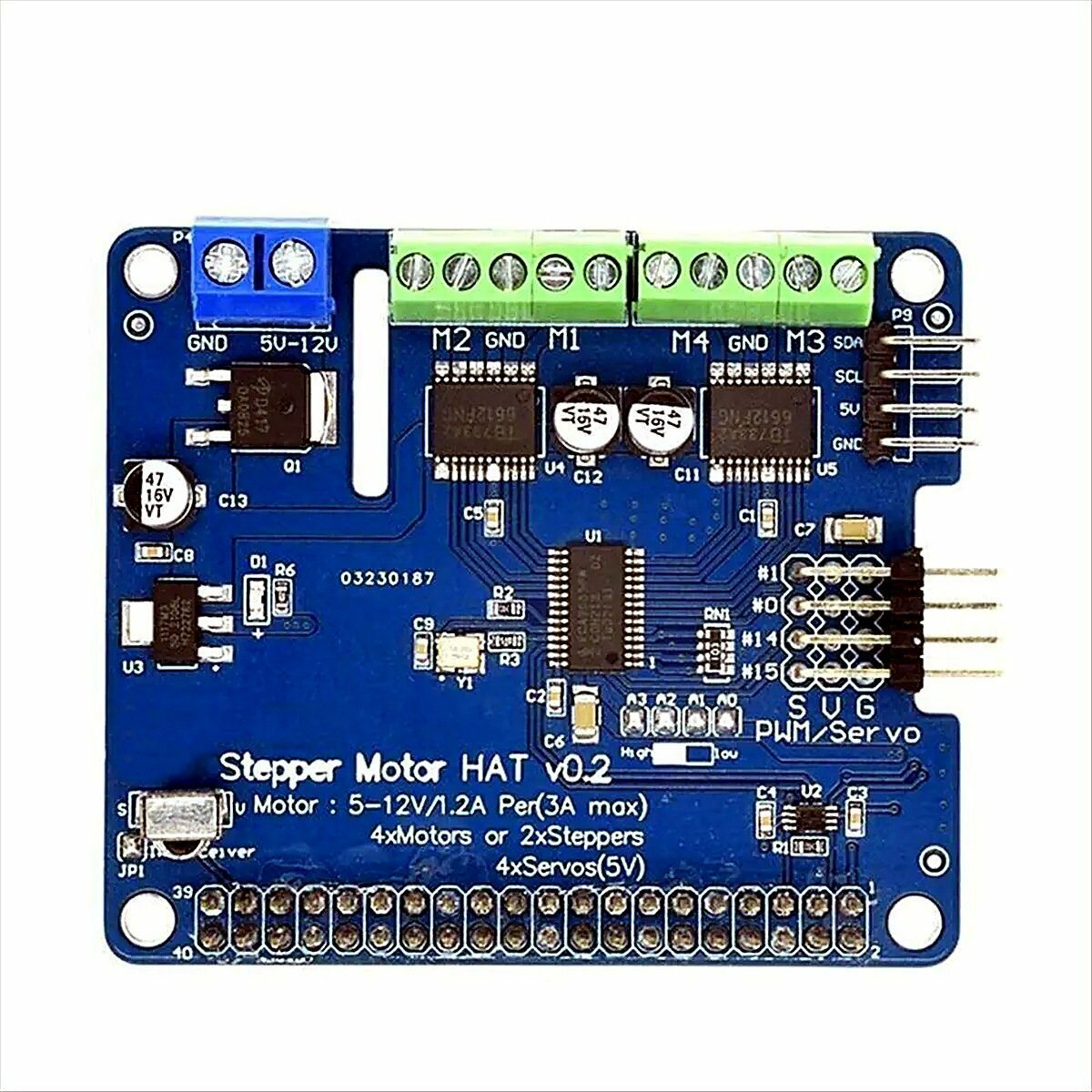 Плата расширения Stepper Motor HAT V0.2+ для роботов, включающая шаговые двигатели/сервоприводы для Raspberry Pi 3B/3B+.