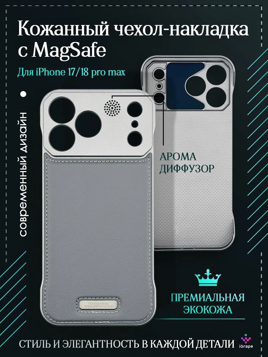 Пластиковый чехол с кожей и MagSafe для iPhone 17 Pro Max/18 Pro Max, iGrape (Серый)
