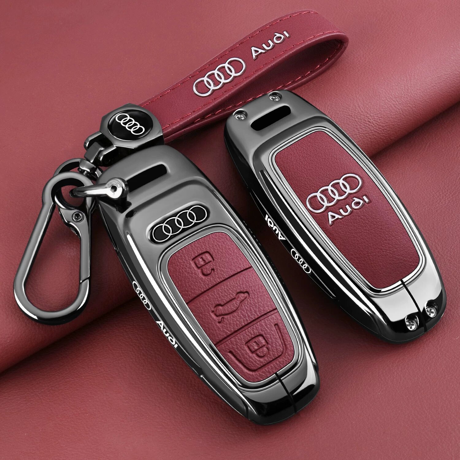 Ключевой чехол для Audi Q6 2023-2025 с металлическим корпусом и браслетным замком, глубокий бордовый цвет