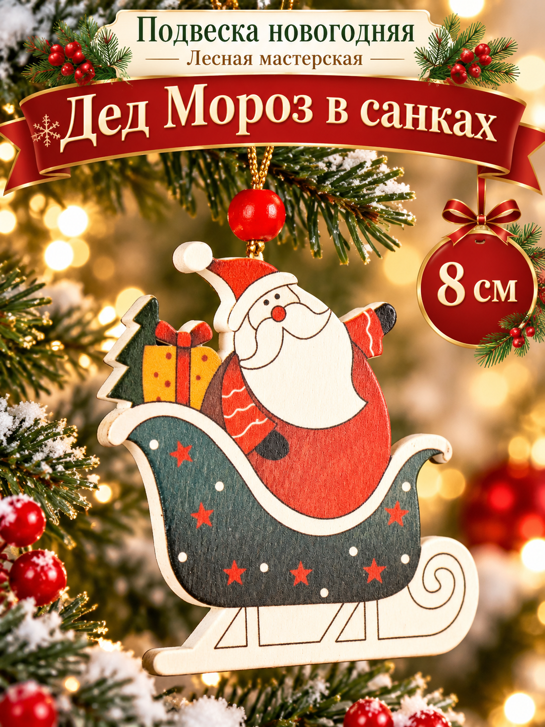 Подвеска новогодняя Лесная мастерская "Дед Мороз в санках", 8 см