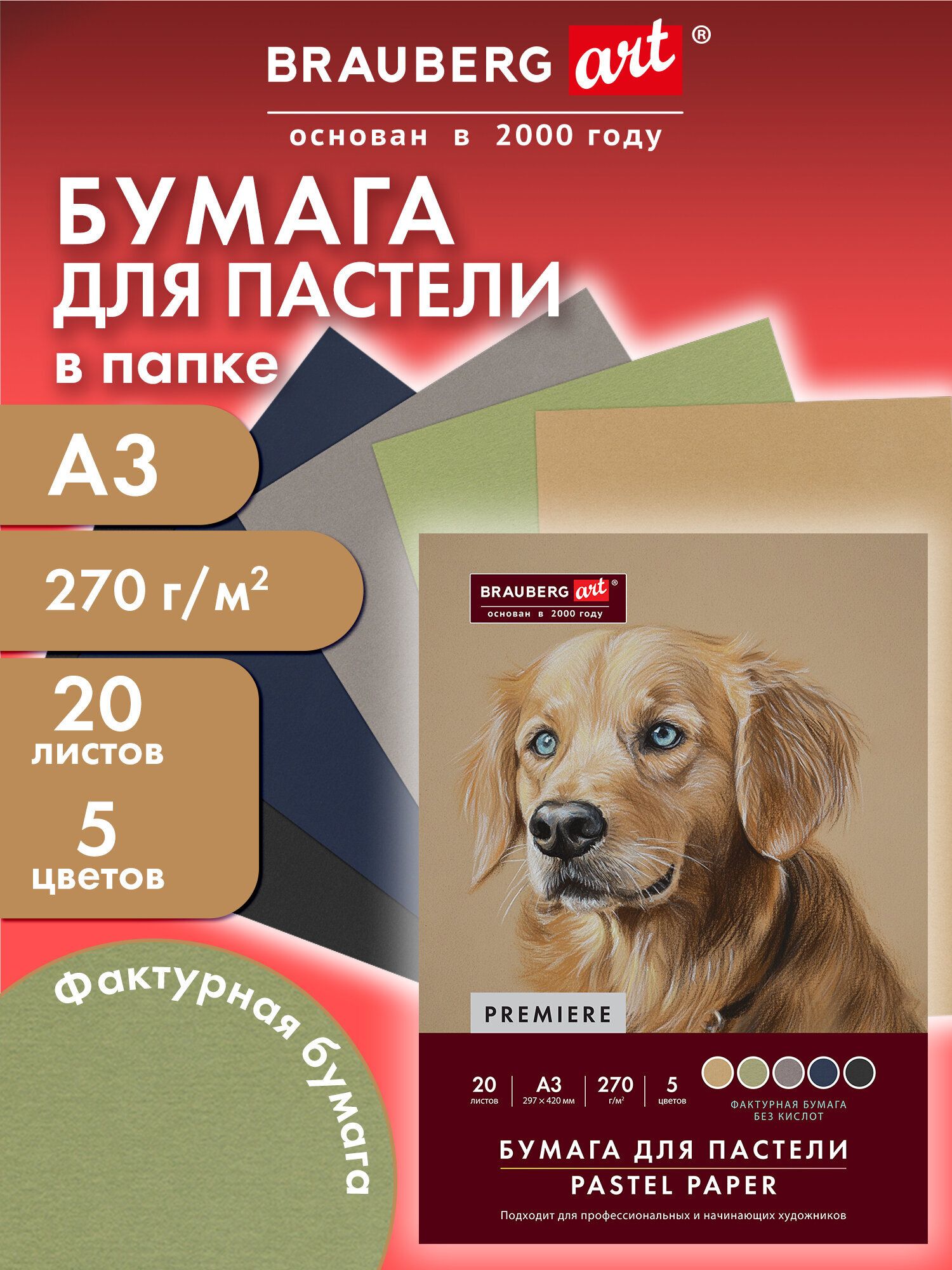 Бумага для пастели, для рисования художественная цветная фактурная A3, набор 20 листов 5 цветов в папке, 270 г/м2, Brauberg Art