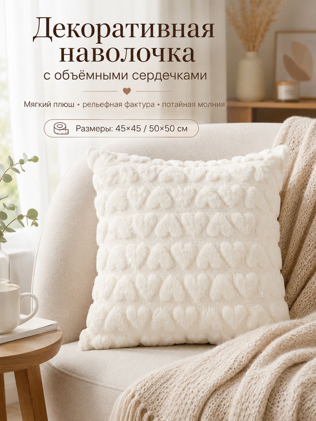 Стёганая наволочка "Объёмное сердце" 45x45 см, полиэстер, 1 шт, кремовый