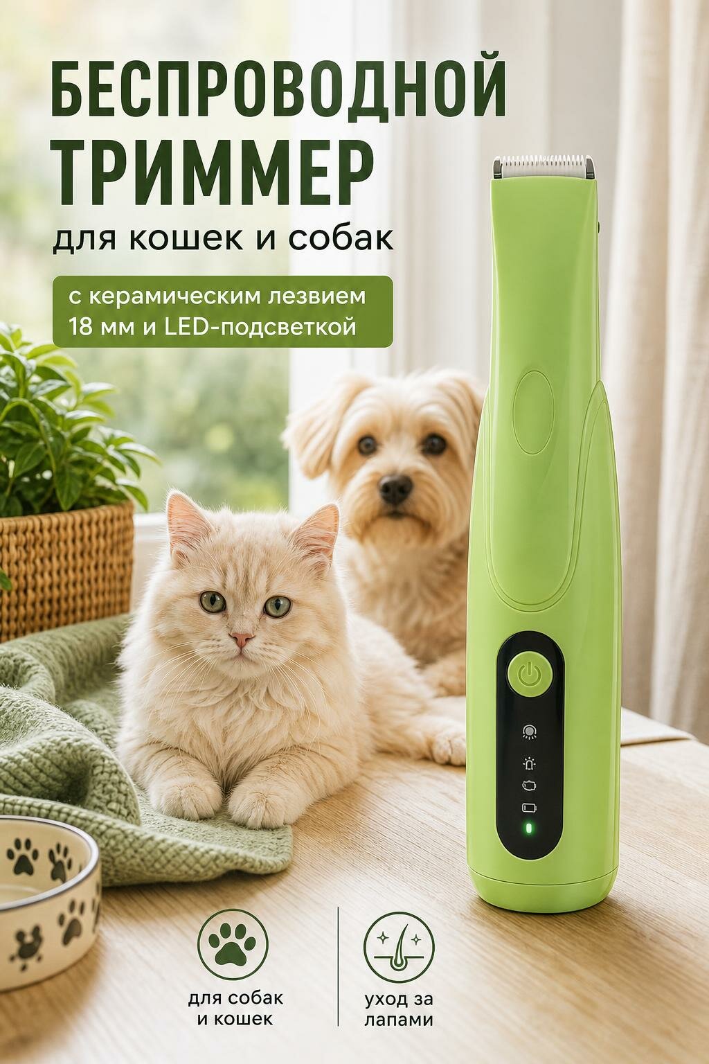 Беспроводной триммер для кошек и собак с керамическим лезвием 18 мм и LED-подсветкой
