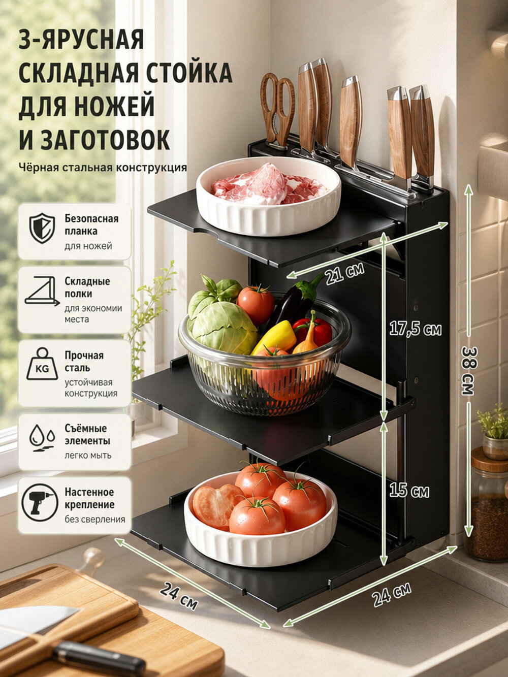 Складная трёхъярусная кухонная стойка для ножей и заготовок, настенная, чёрная, стальная