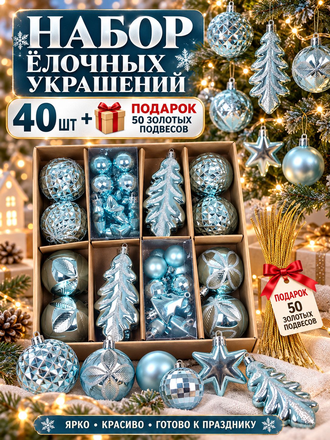 Набор елочных украшений 40 шт, голубые шары и фигурки, подарок — 50 подвесок