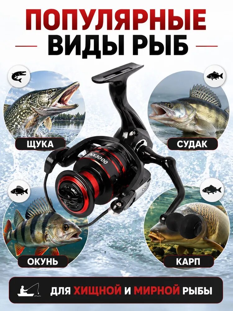 Безынерционная катушка NX3000, фрикцион 10 кг, 13+1 подшипника, для спиннинга и донной ловли — фото 1