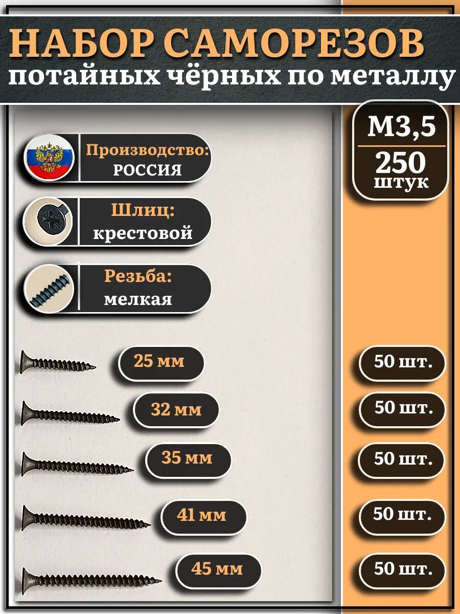 Саморезы черные по металлу М3,5 мелкая резьба набор 2(250шт)