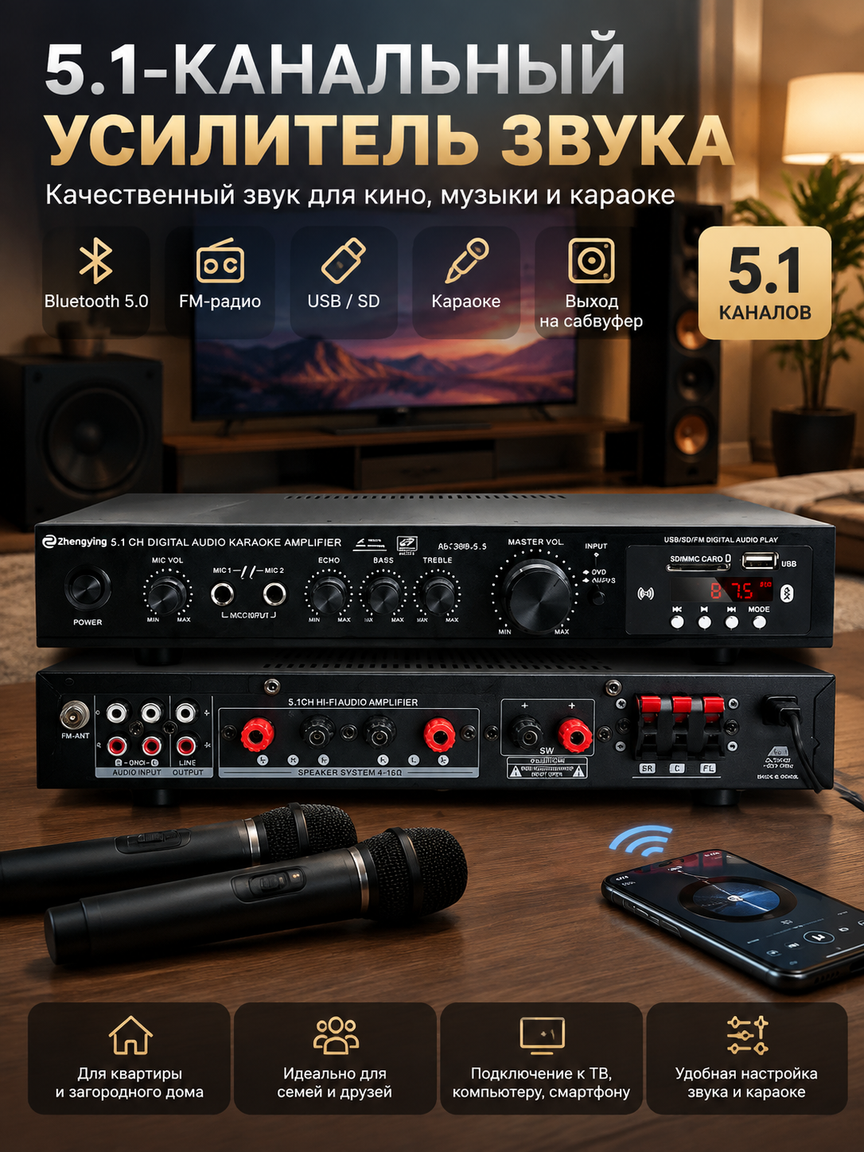 5.1-канальный усилитель звука, 60 Вт, Bluetooth 5.0, караоке, FM-радио, сабвуферный выход, 220 В