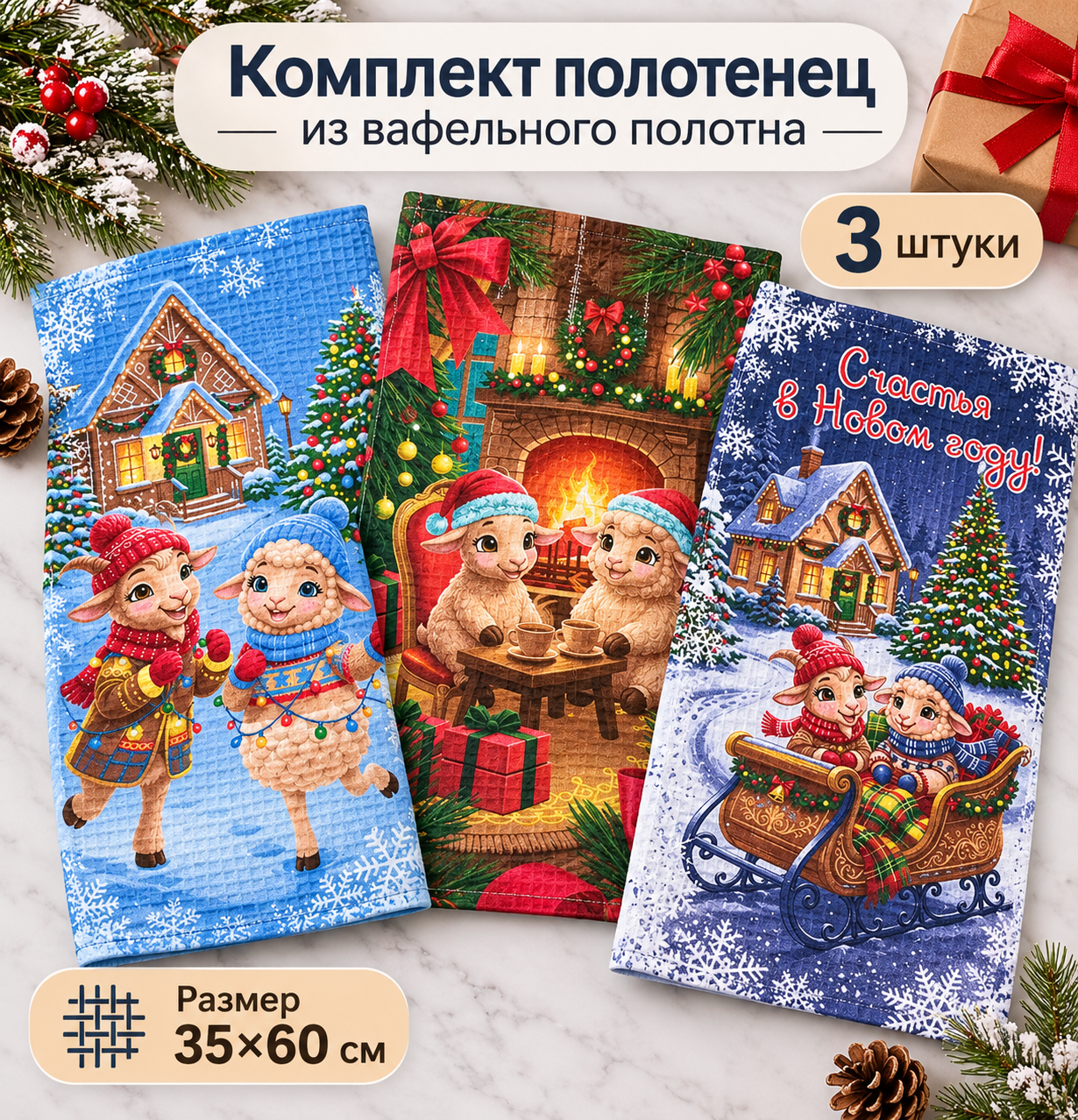 Комплект полотенец (3 штуки) из вафельного полотна (овечки) 35 на 60