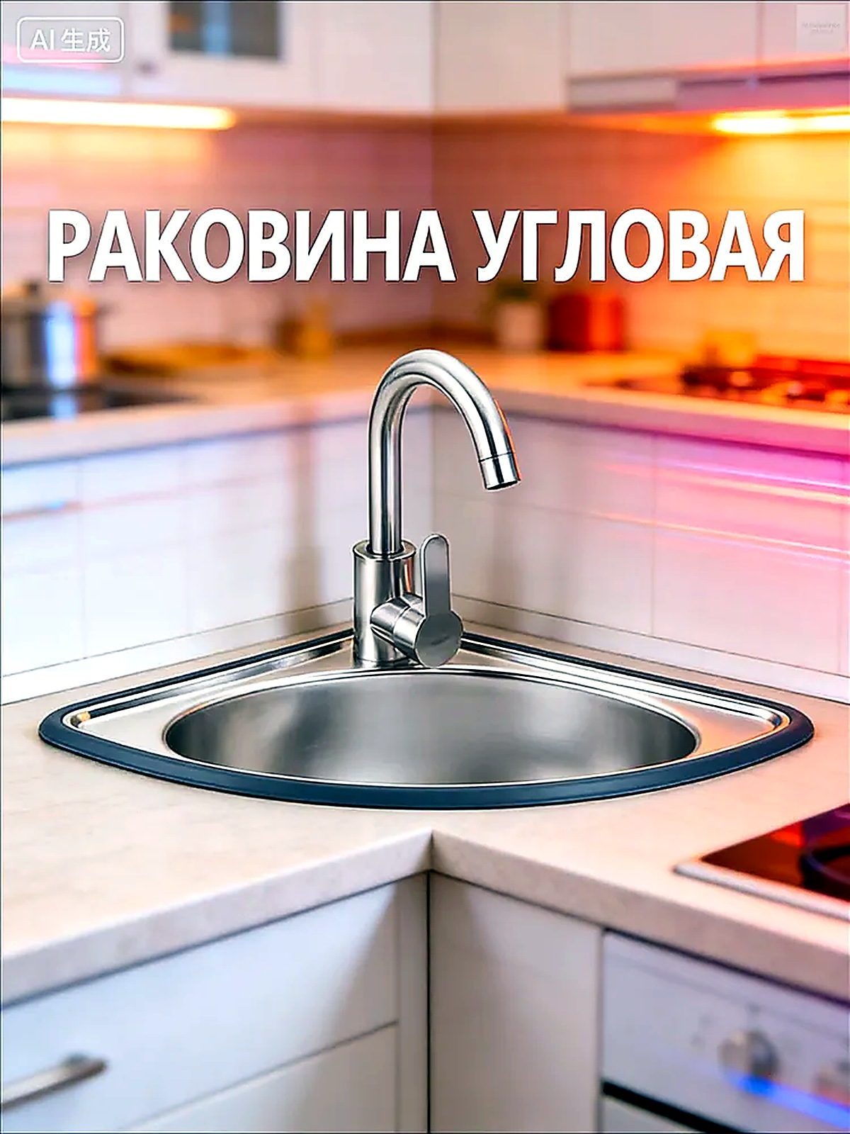 Раковина кухонная угловая, 34х34см, из нержавеющей стали 201, с сифоном и трубой, для кухни