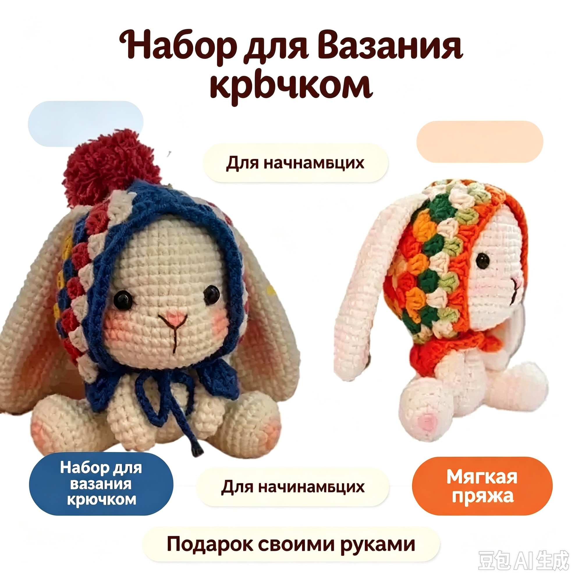Милый вязаный крючком кролик с открытыми ушками, набор для рукоделия, ручная работа, подарок для украшения автомобиля