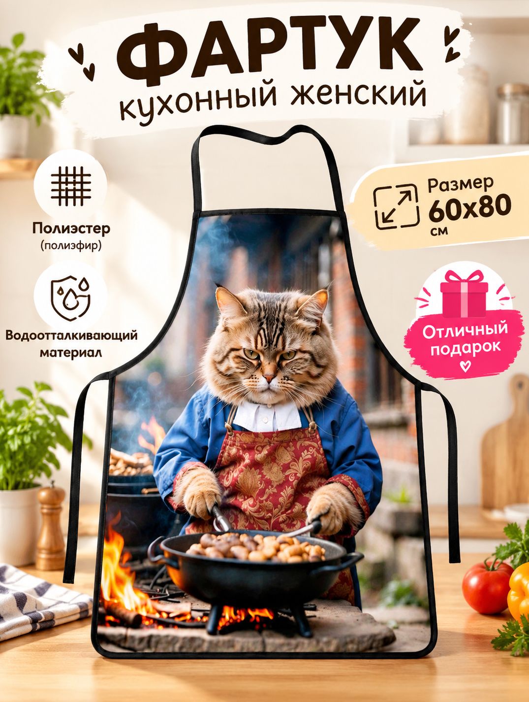Фартук кухонный 1шт, кот жарит шашлык, водоотталкивающий