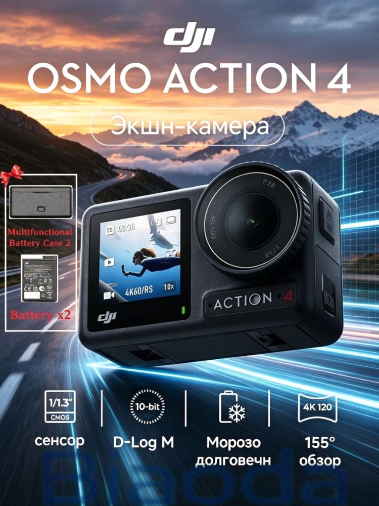 DJI Osmo Action 4 Стандартная комбинированная экшн-камера с двумя аккумуляторами и одним корпусом, водонепроницаемая экшн-камера с разрешением 4K / 120 кадров в секунду и сенсором 1/1,3 дюйма