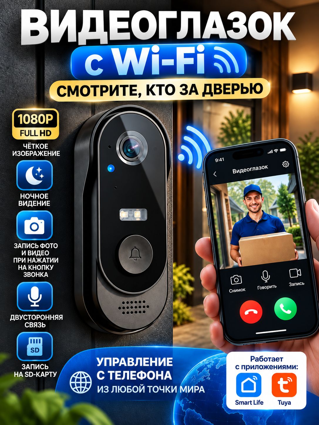 Видеоглазок для входной двери WiFi с фото записью и звонком, глазок с камерой дверной