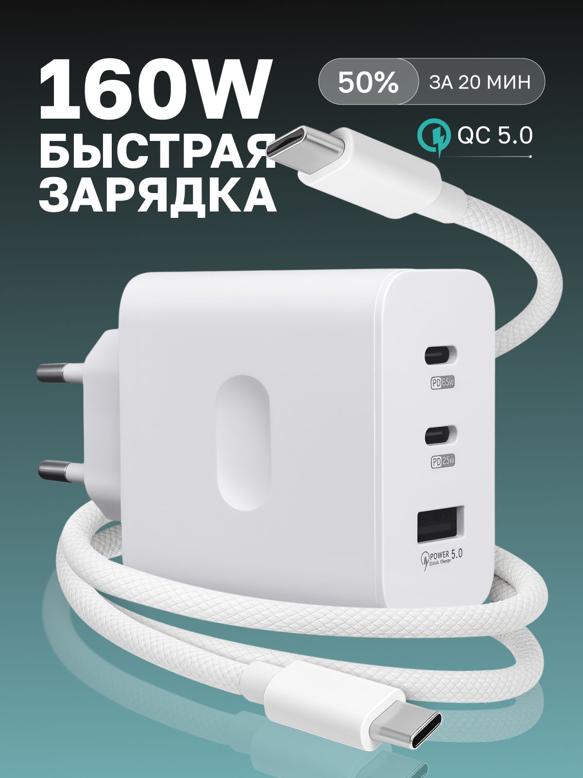 Зарядка type c / Блок питания с кабелем тайпси / Зарядка для телефона Android и iPhone / Блок питания usb