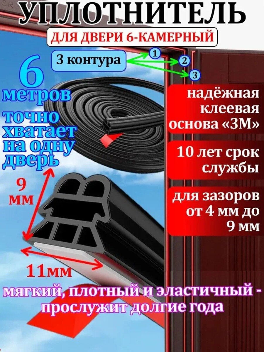 Уплотнитель для двери входной самоклеющийся/ Утеплитель для двери резиновый 6-камерный/ 6 метров
