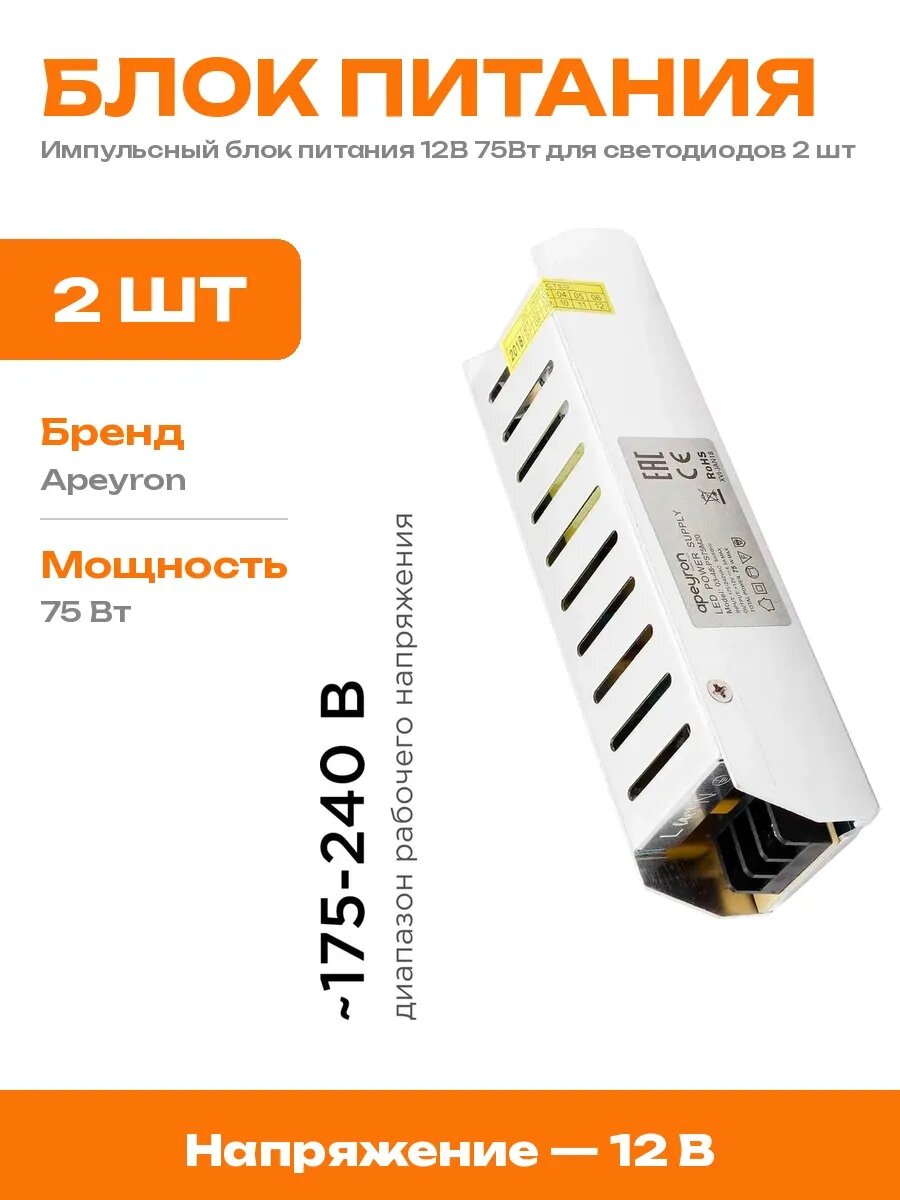 Блок питания slim 12В 75Вт 6,5А металлический 2 шт 160х40мм