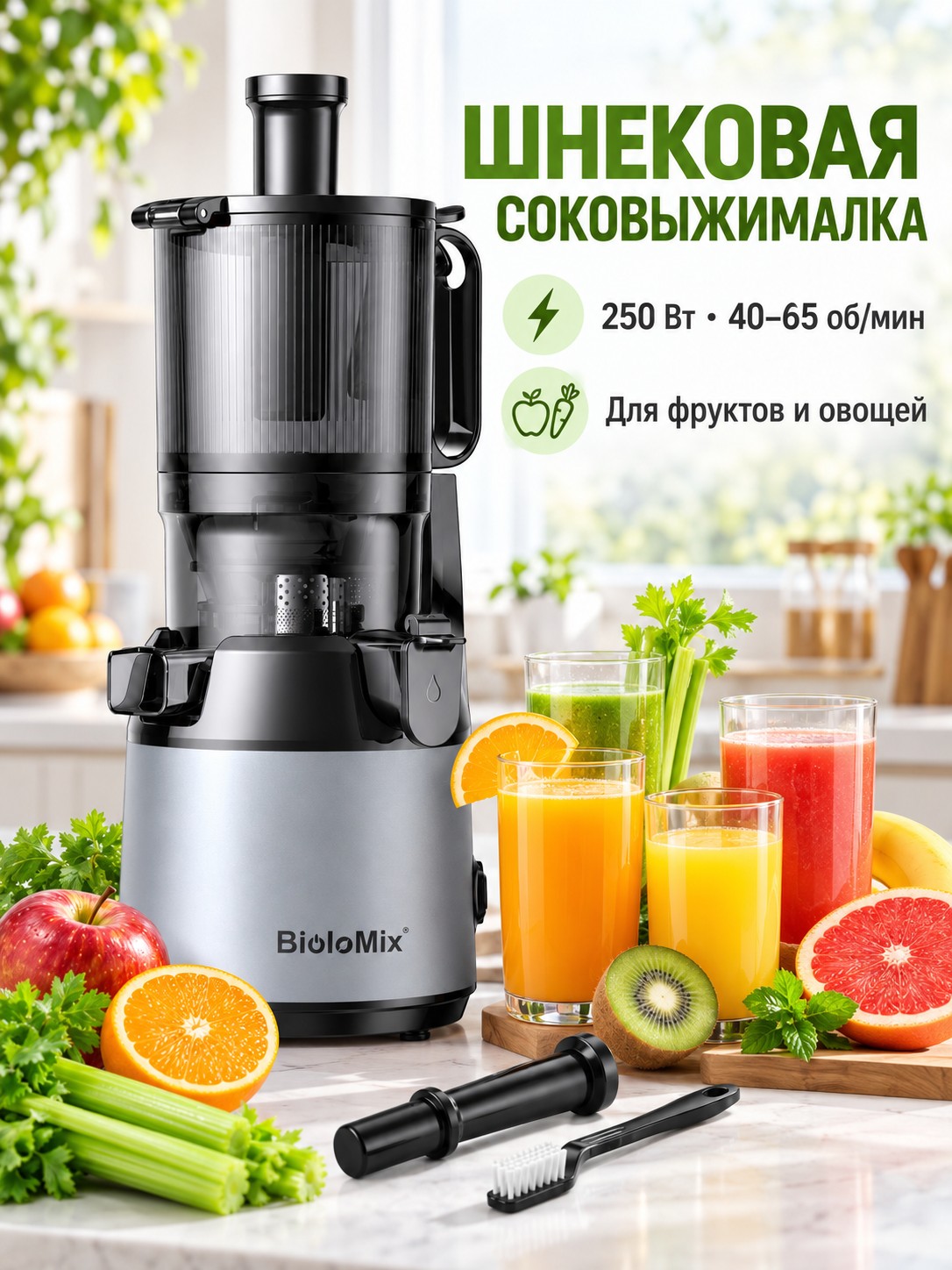 Соковыжималка BioloMix медленного отжима, отверстие 130 мм, большой объём.
