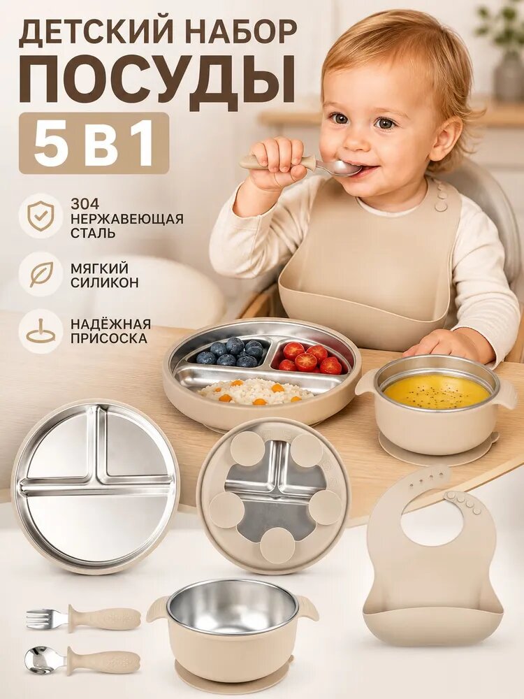 Детский набор посуды 5 в 1 из нержавеющей стали 304 и пищевого силикона, тарелка с секциями, миска на присоске, слюнявчик, ложка и вилка для первого прикорма