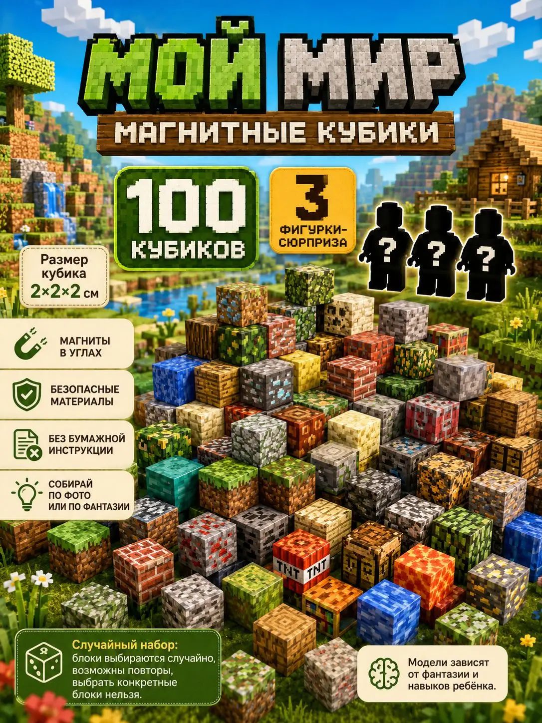 Майнкрафт магнитные кубики набор из 100 крупных кубиков размером 2 см с 3 случайными сюрприз-фигурками, безопасно для детей от 3 лет, развивает воображение и моторику
