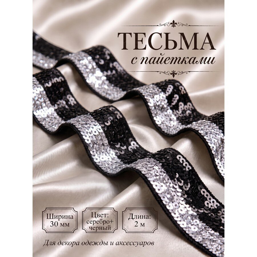 Тесьма с пайетками TBY.6365 ш.30мм цв. черный+серебро уп.2м