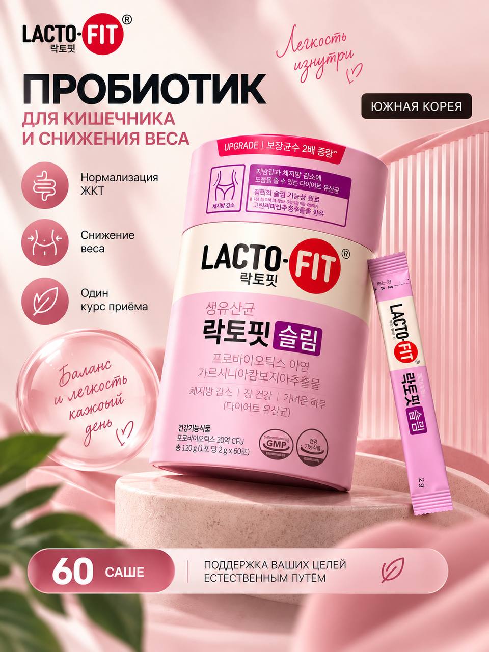 БАДы и витамины для кишечника Lacto-fit SLIM -пробиотик, пребиотик, цинк, лактобактерии Лактофит для поддержания пищеварения и контроля веса для взрослых, Корея