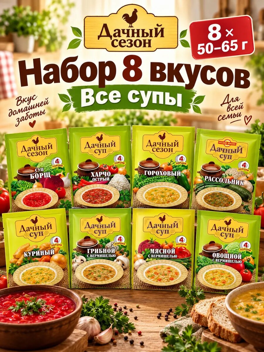 Набор супов Дачный сезон Все супы, 8 вкусов: борщ, харчо, гороховый, рассольник, куриный, грибной, мясной, овощной, суп быстрого приготовления, ассорти