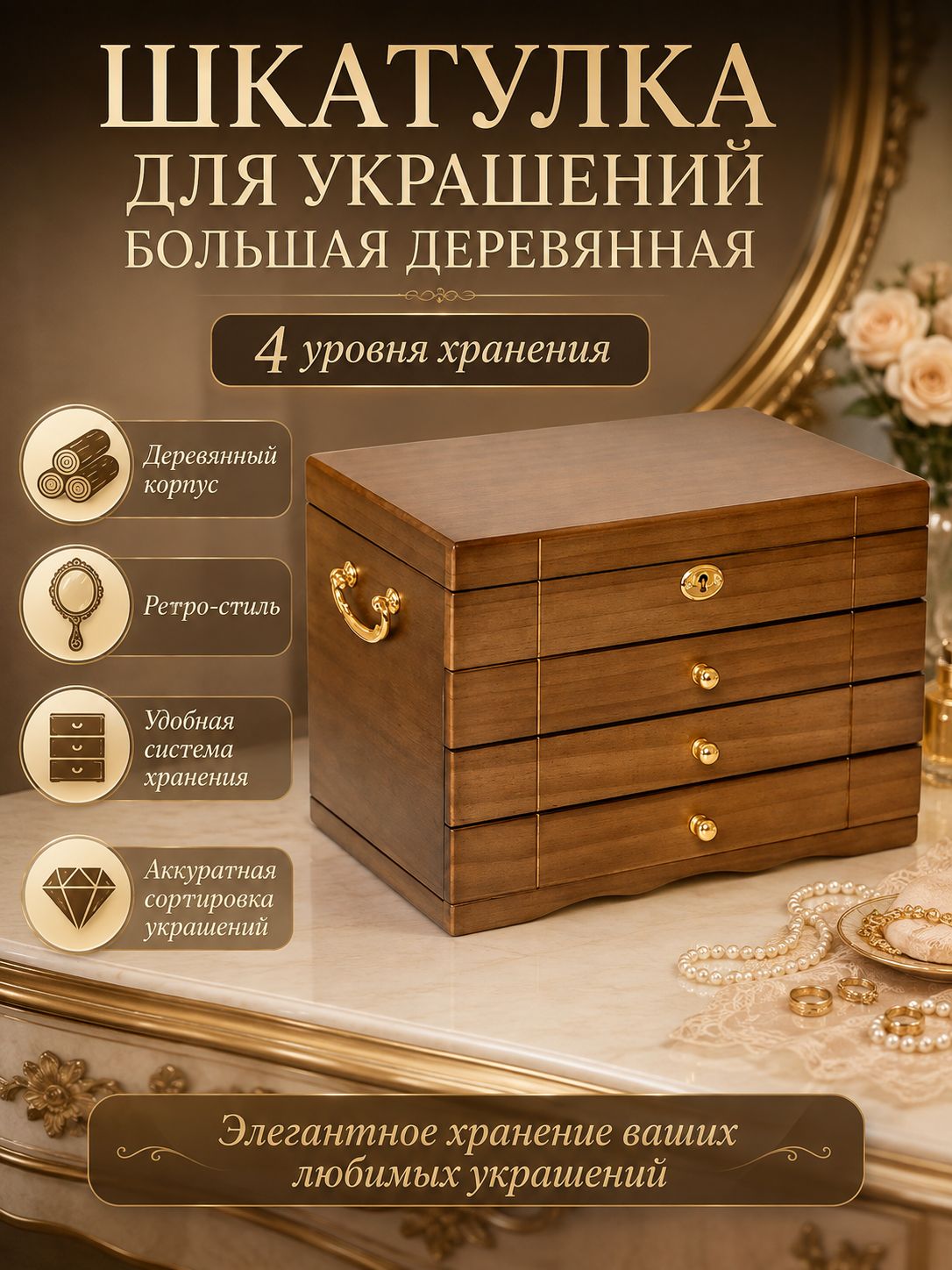 Классическая шкатулка Универсальная, 1 шт, компактная шкатулка шириной 19 см и высотой 21,5 см для хранения мелочей
