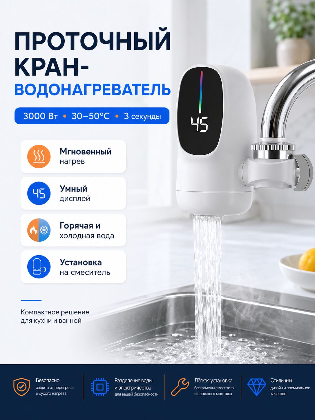 Электрический смеситель проточный с подключением без демонтажа, 3-3.3 кВт, холодная и горячая вода, для кухни и ванной