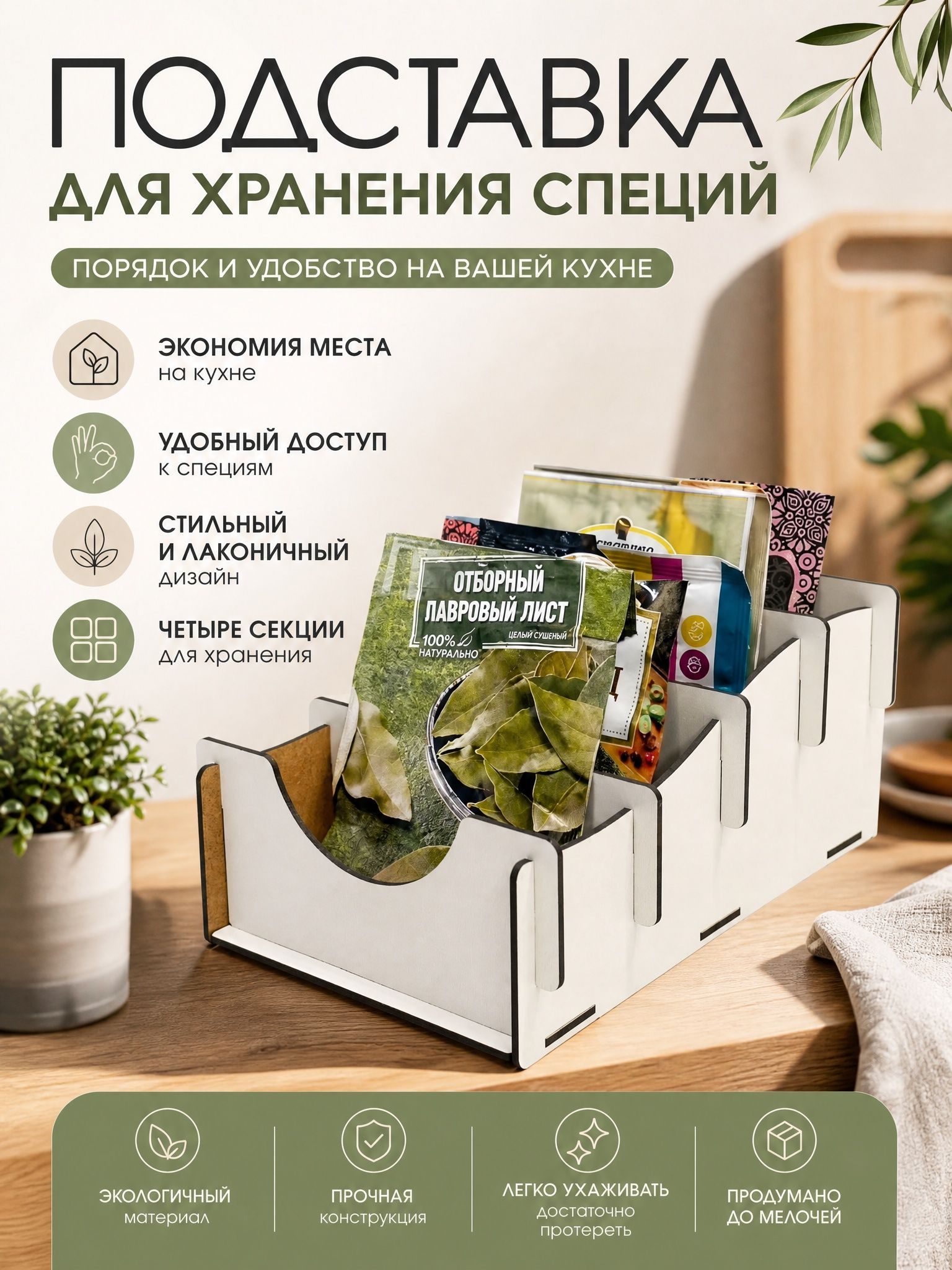 Контейнер для специй с разделителями 4400 мл 1 шт дерево