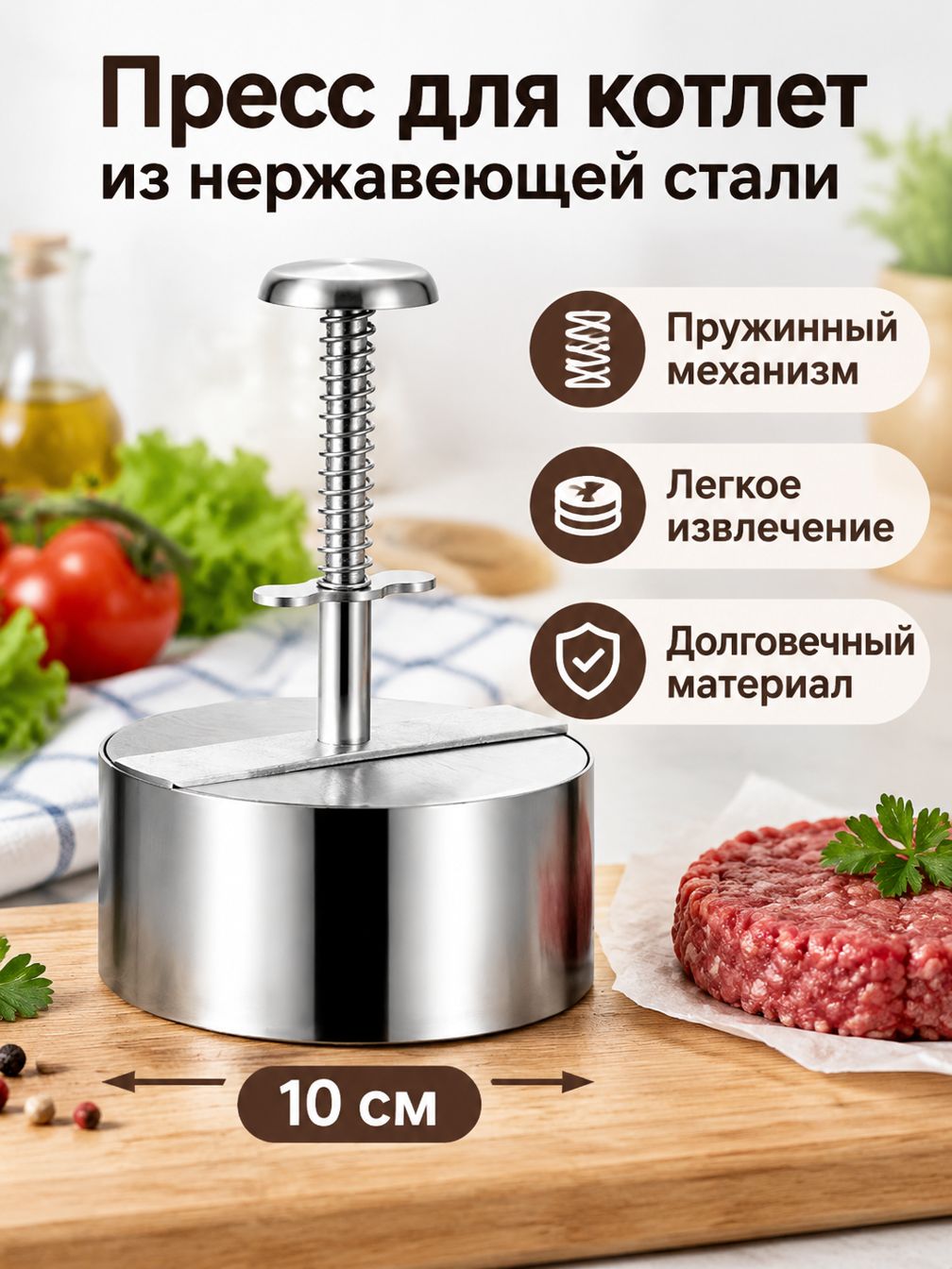 Форма для котлет из нержавеющей стали, 10 см, с пружинным механизмом и функцией быстрого извлечения
