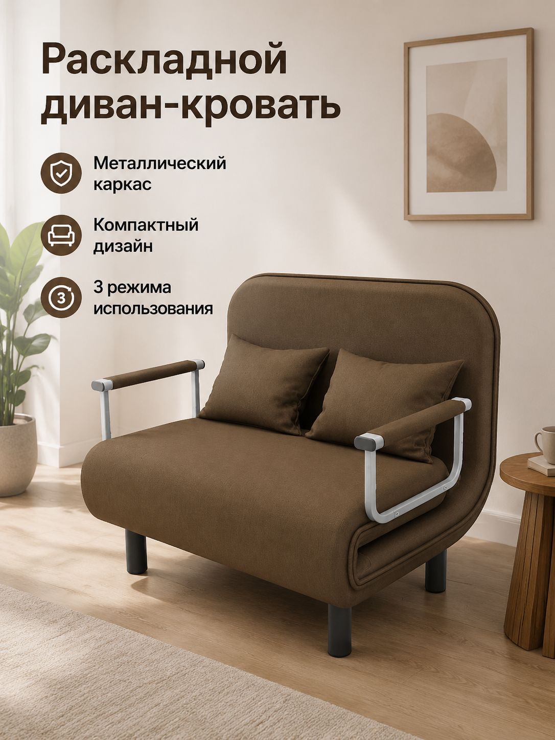 Складной диван-кровать 80 см с подлокотниками, обивка ткань, цвет кофейный